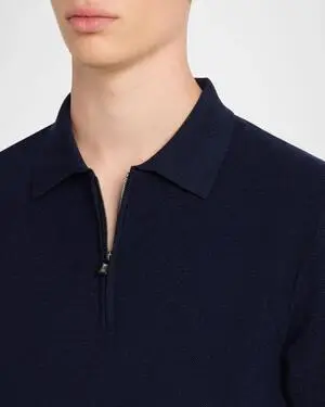 Isaia Apos;s Wool And Silk Half-zip Short-sleeve Polo Sweater - Navy