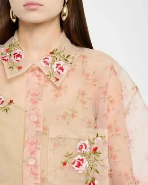 Simone Rocha Sheer Floral Embroidered Short-sleeve Shirt - Nude