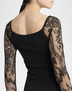 Valentino Garavani Lace Long-sleeve Rib Midi Dress