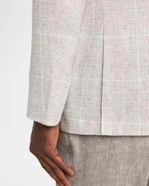Brunello Cucinelli Apos;s Linen Glen Plaid Double-breasted Sport Coat - C006 Shell