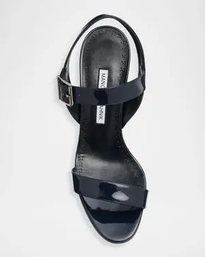 Manolo Blahnik 90mm Patent Leather Ankle-strap Sandals - Navy