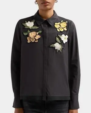 UNGARO Dylan Floral Applique Poplin Blouse - Ivory