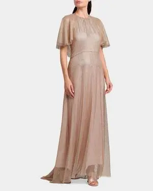 Alberta Ferretti Micro-rhinestone Mesh Capelet Evening Dress