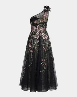 Mac Duggal Sequined Floral-embroidered One-shoulder Cocktail Maxi Dress