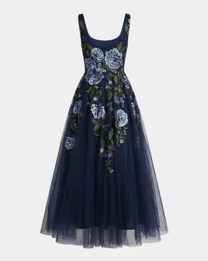 Mac Duggal Floral Embroidered Tulle Tea-length Cocktail Dress