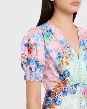 Saloni Lea Floral Silk Jacquard Button-front Midi Dress