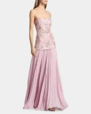 Badgley Mischka Strapless Beaded Bodice Dropwaist Gown - Blush Multi
