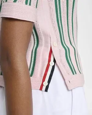 Thom Browne Striped Crochet Short-sleeve Polo Shirt - Open Red