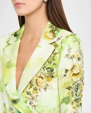 Badgley Mischka Beaded Floral-embroidered Jacket - Lime Multi