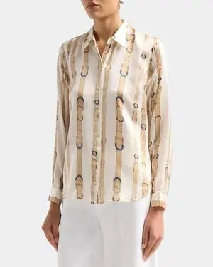 L & APOS;AGENCE Tyler Belt Print Silk Blouse - Ecru Multi