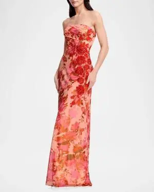 Dress The Population Kinley Strapless Floral-print Chiffon Gown - Peach Mult