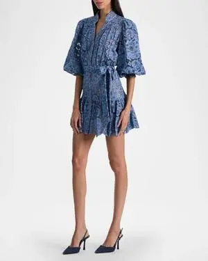Alice + Olivia Cora Voluminous Floral Lace Shirtdress - Indigo