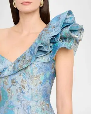 Rickie Freeman For Teri Jon One-shoulder Metallic Jacquard Gown - Light Blue Multi