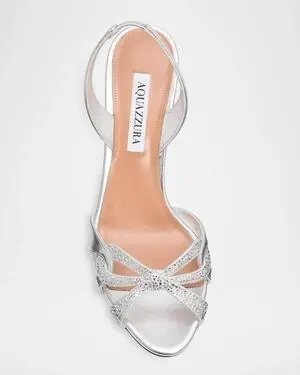 AQUAZZURA 85mm Metallic Leather Crystal Ribbon Kiss Slingback Sandals - Silver