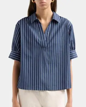 FRAME The Popover Striped Cotton Top - Navy Multi