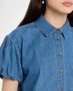 Tanya Taylor Elza Puff-sleeve Chambray Shirt - Medium Ind