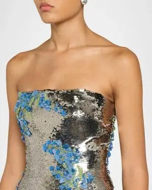 Monique Lhuillier Textured Strapless Column Gown - Chrome Multi