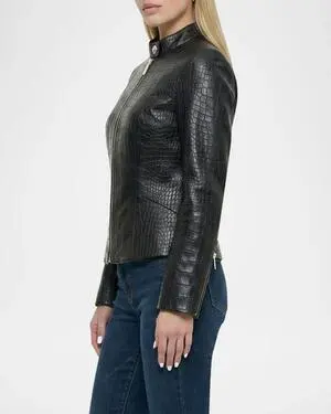 Gorski Select Leather Croc-embossed Zip Jacket