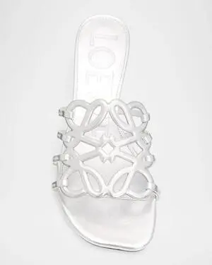 Loewe X Paula & Apos;s Ibiza 45mm Petal Anagram Metallic Leather Mule Sandals - Silver