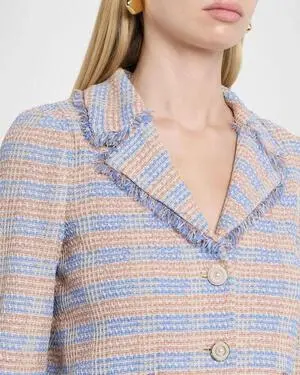 Misook Striped Fringe-trim Knit Crop Jacket - Tranquil B
