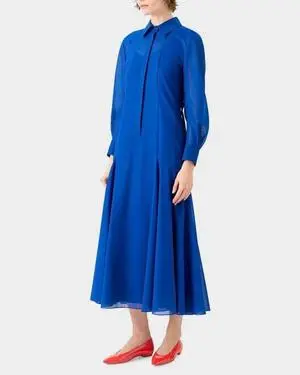Akris Long-sleeve Cotton Voile Fit-&-flare Midi Shirtdress - Lapis Blue