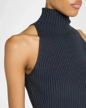 Alaïa Mock-neck Wool-blend Rib Halter Top - Gris Bleu