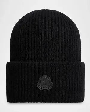 Moncler Apos;s Wool Ribbed Tonal Logo Beanie Hat - Black