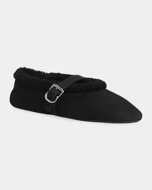 Alaïa Merino Suede Shearling Mary Jane Ballerina Flats - Noir