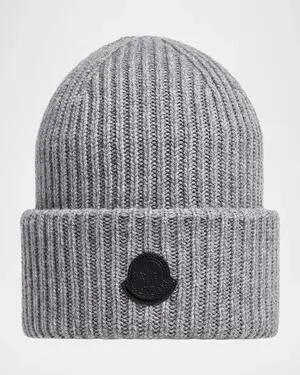 Moncler Apos;s Cashmere Ribbed Leather-label Beanie Hat - Graphite Gray