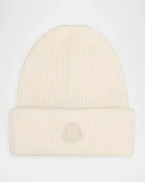 Moncler Apos;s Cashmere Ribbed Leather-label Beanie Hat - Ivory