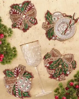 KIM SEYBERT Candy Cane Bow Beaded Coasters, Set Of 4 - Red Multi