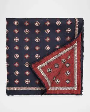 Brunello Cucinelli Apos;s Silk Medallion Pocket Square - C2425 Navy