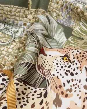 FERRAGAMO Poised Leopards Print Silk Scarf - Olive