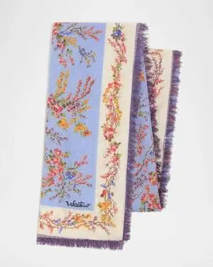Valentino Garavani Floral-print Fringed Cashmere-silk Shawl