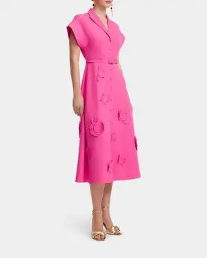 LEO LIN Aubrey Belted Floral Applique Midi Dress - Fuchsia