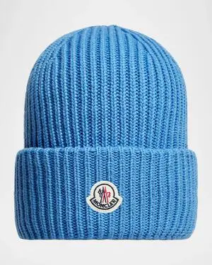 Moncler Apos;s Wool And Cashmere Ribbed Logo Beanie Hat - Blue