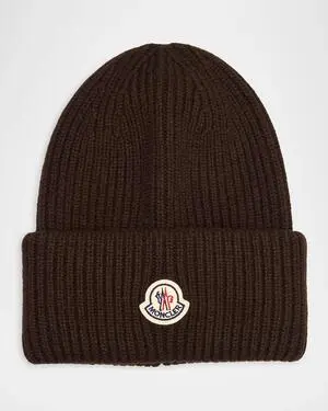 Moncler Apos;s Wool And Cashmere Ribbed Logo Beanie Hat - Brown