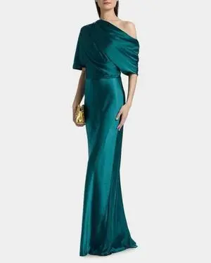 Amsale Draped Metallic Satin Faille One-shoulder Gown