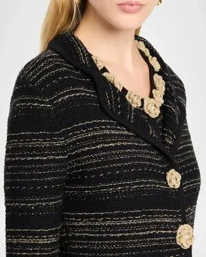Rickie Freeman For Teri Jon Crochet Floral Applique Striped Knit Jacket - Black
