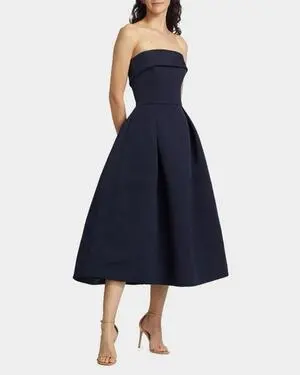 Amsale Foldover Strapless Faille Pleated Midi Dress - Navy