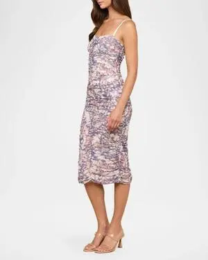 L & APOS;AGENCE Caprice Butterfly Wing-print Ruched Midi Dress
