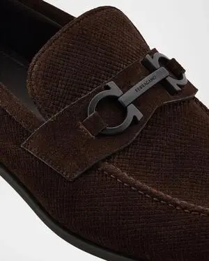 FERRAGAMO Apos;s Foster Textured Suede Gancini Bit Loafers - Bark