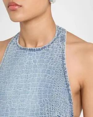SELF-PORTRAIT Rhinestone Croc-effect Denim Mini Dress - Blue