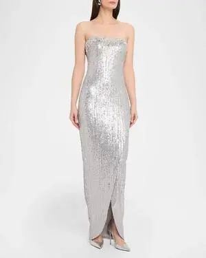 Pamella Roland Strapless Sequined Column Gown - Silver