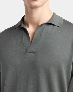 Giorgio Armani Apos;s Silk And Cotton Johnny Collar Polo Sweater - Silver