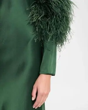 Lapointe Satin Draped Neck Feather-trim Midi Dress - Forest