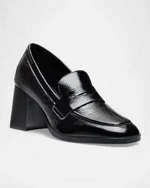 STUART WEITZMAN 70mm Vera Crinkled Patent Leather Penny Loafer Pumps - Black
