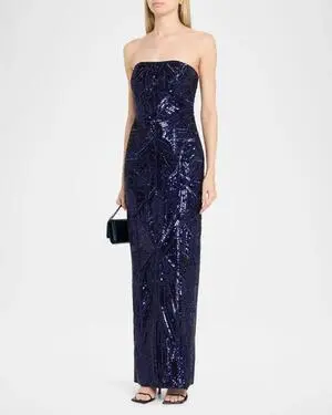 Pamella Roland Strapless Beaded Tulle Column Gown - Navy