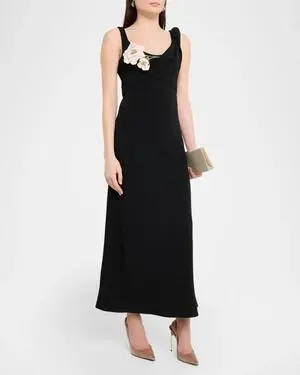 Lela Rose 3d Peony Embroidered Fluid Crepe Twist Detail Dress - Black