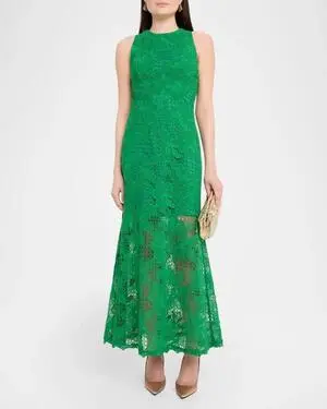 Lela Rose Lattice Floral Guipure Sleeveless Maxi Dress